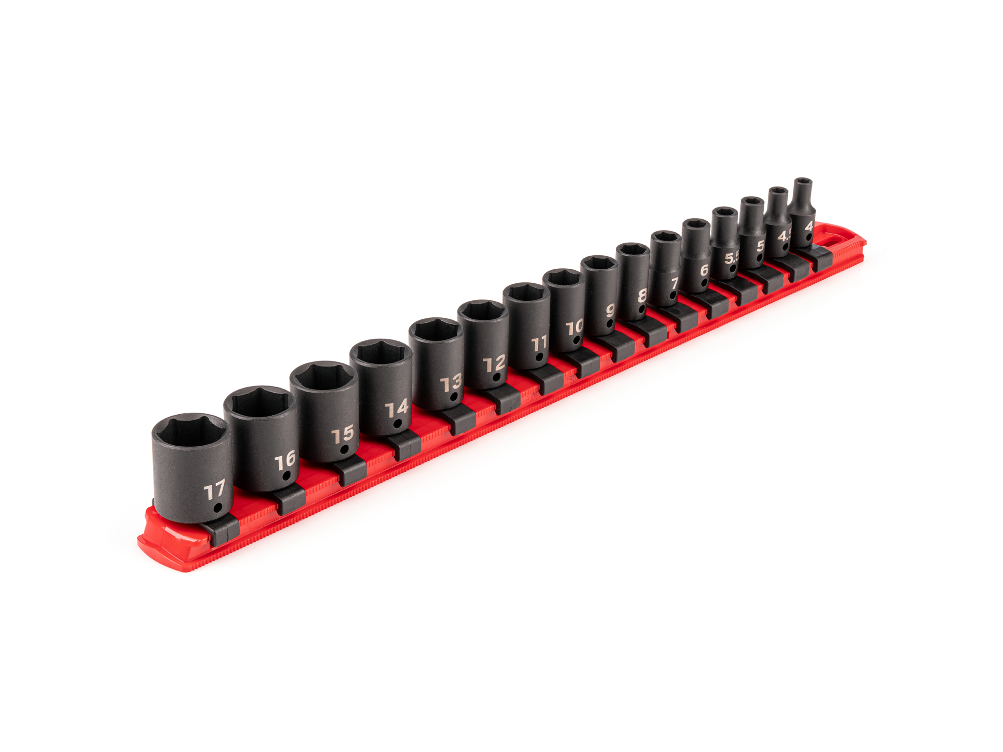 1/4 Inch Drive 6-Point Impact Socket Set with Rail (4–17 mm) | TEKTON